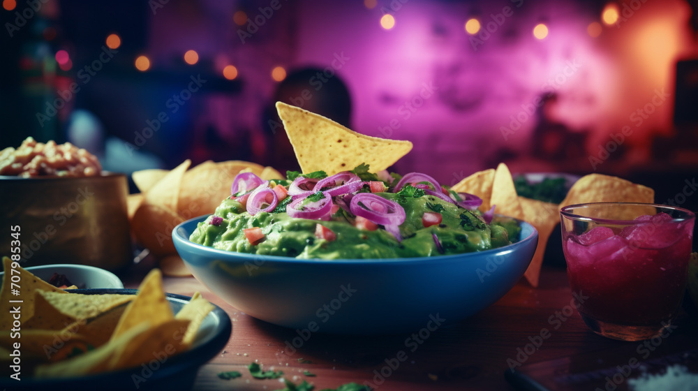 Product photograph of mexican chips and guacamole on a table in a nigth ...