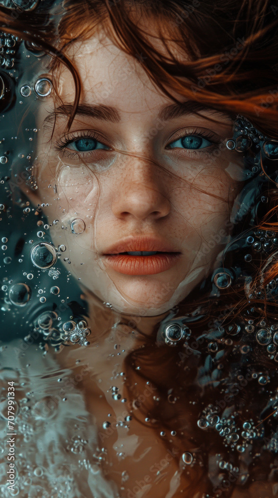 Water portrait with close up image of face model. Underwater, in ...