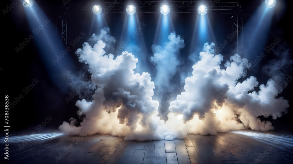 Illuminated stage with scenic lights and smoke. Blue spotlight with ...