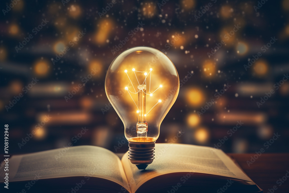 Light bulbs and books. Concept of reading books, knowledge, and searching for new ideas ...