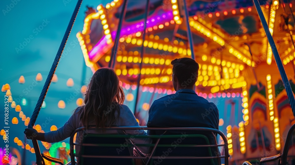 cute young beautiful couple guy and girl riding on merry go round ...