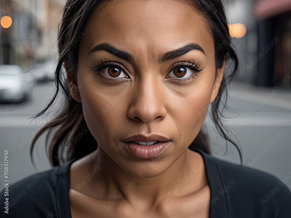 Expressive Close-up of Petite Pacific Islander Woman with a Surprised ...
