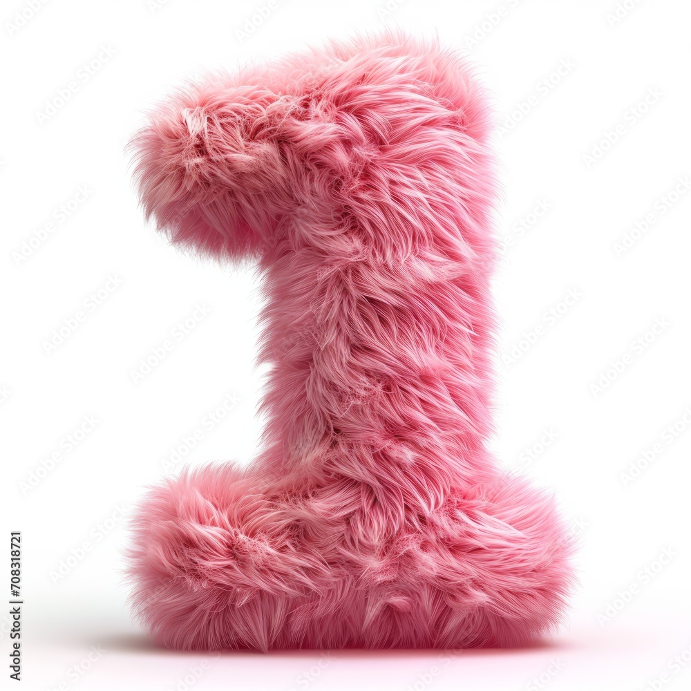 Cute pink number 1 or one as fur shape, short hair, white background ...