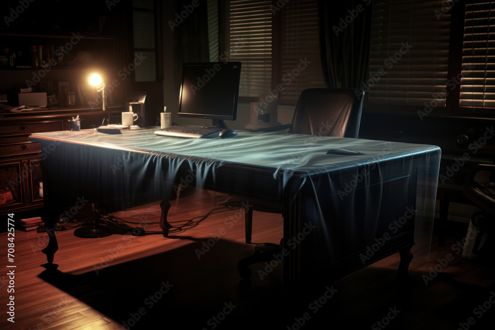 The ghostly glow of a once-occupied desk, now empty, inducing the ...