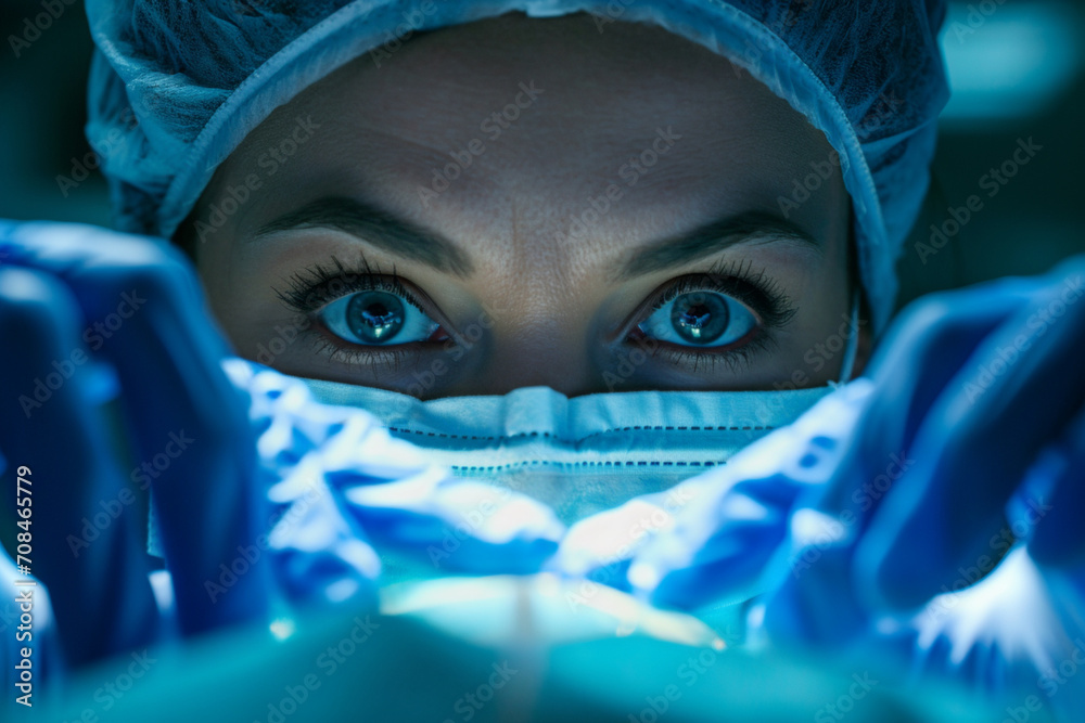 close up portrait of a female surgeon, 40s, eyes narrowed in ...