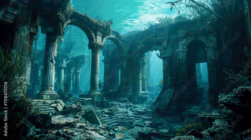 Ruins of ancient city sunk at bottom of sea. Atlantis like sunken city ...