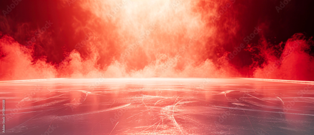 Red Ice Rink Background. Professional Arena illuminated red neon lights ...