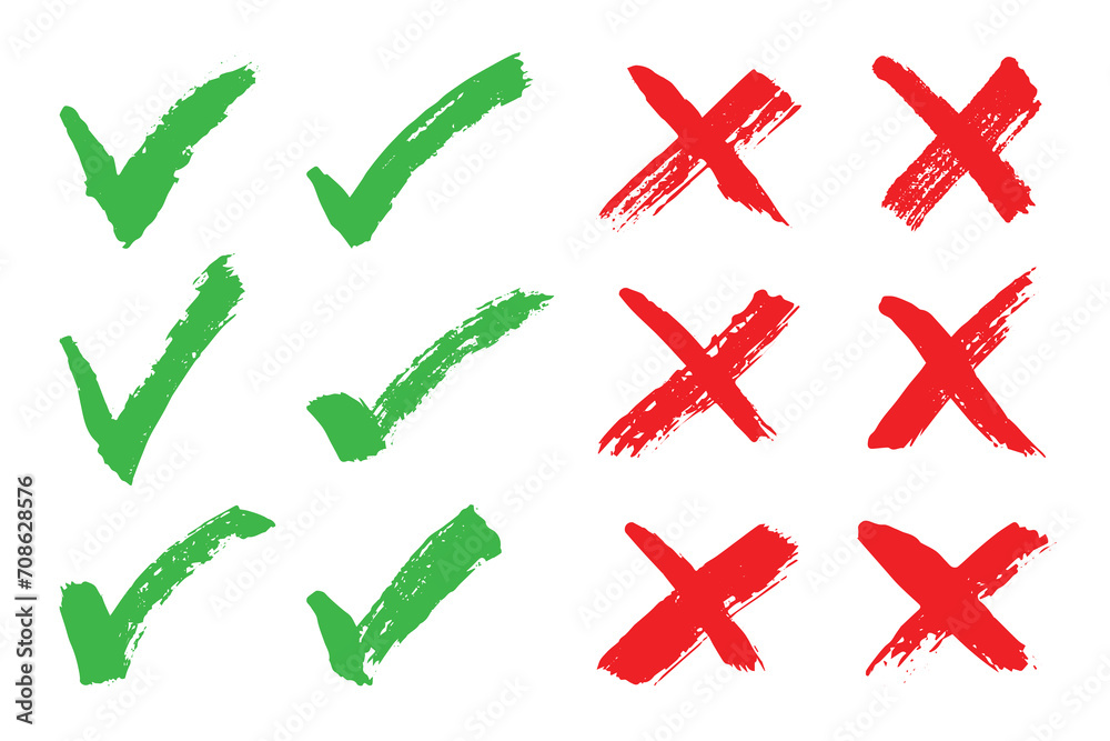 Hand drawn green check mark and red cross mark Marker right and wrong ...