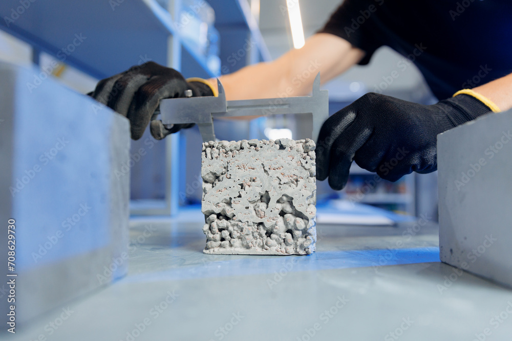 Check size and controls quality of concrete cube in laboratory. Concept ...