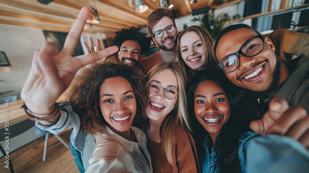 Peace sign, diversity and group of professional work friends taking a ...