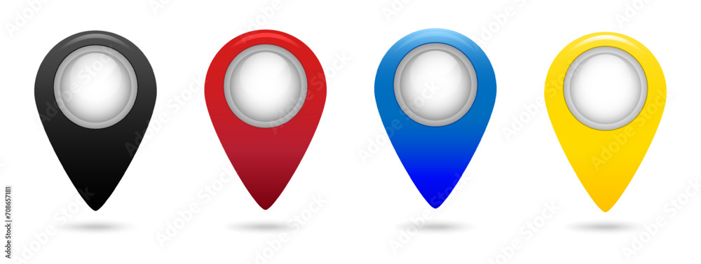 Map 3d pins. Location points vector shapes for maps and navigation apps, red geolocation markers ...