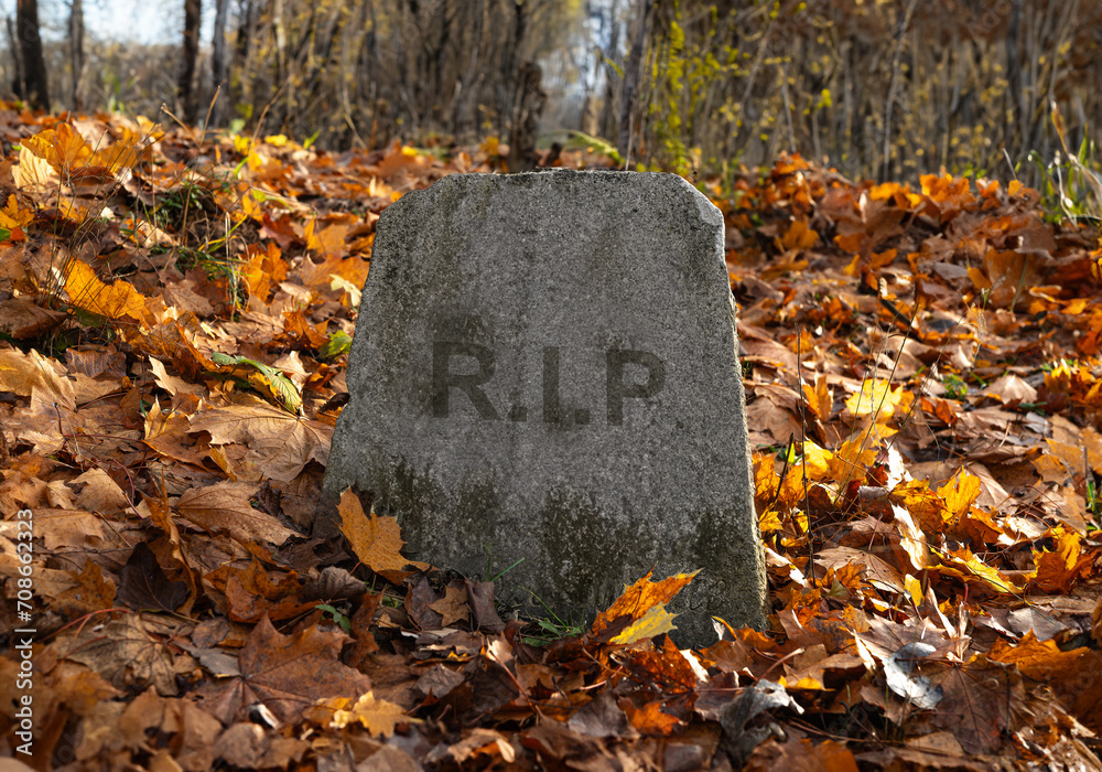 RIP, Rest in Peace text on gravestone, burial stone at old graveyard in ...