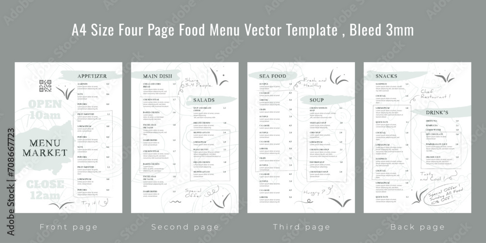 Restaurant cafe menu, template design, A4 size four page food menu ...
