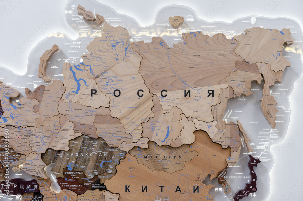 Wooden map of Russia and neighboring countries, names of countries in ...