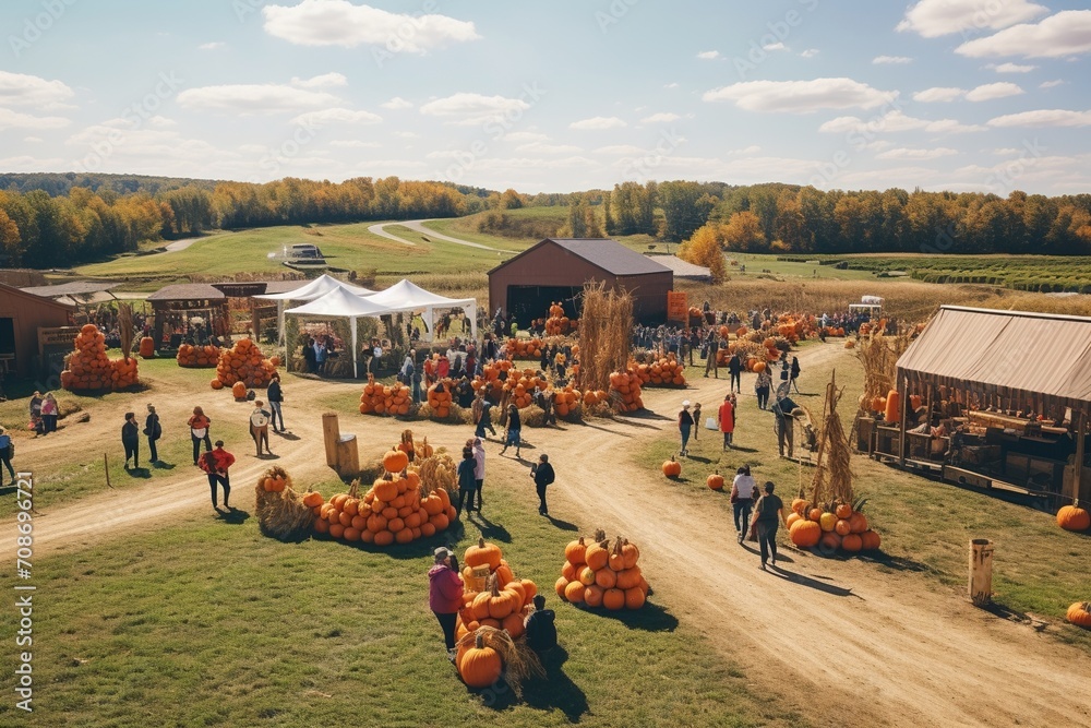 Crowded pumpkin patch with haystacks and people walking around Stock ...