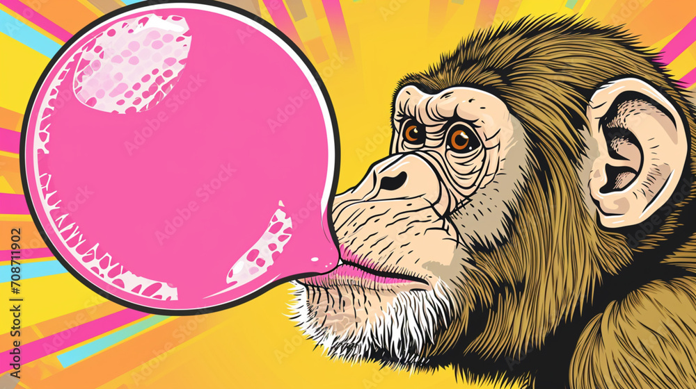 Wow pop art. Monkey's face lips blowing bubble with a pink bubble gum ...