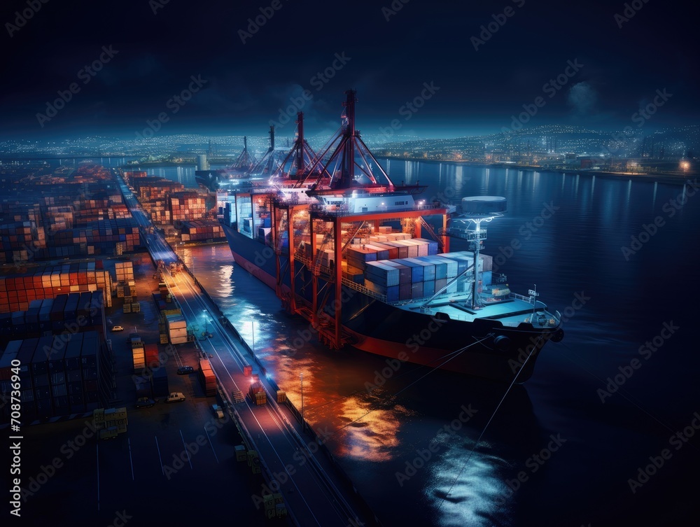 Nocturnal Glow at the Cargo Port. A container ship is docked at a busy ...