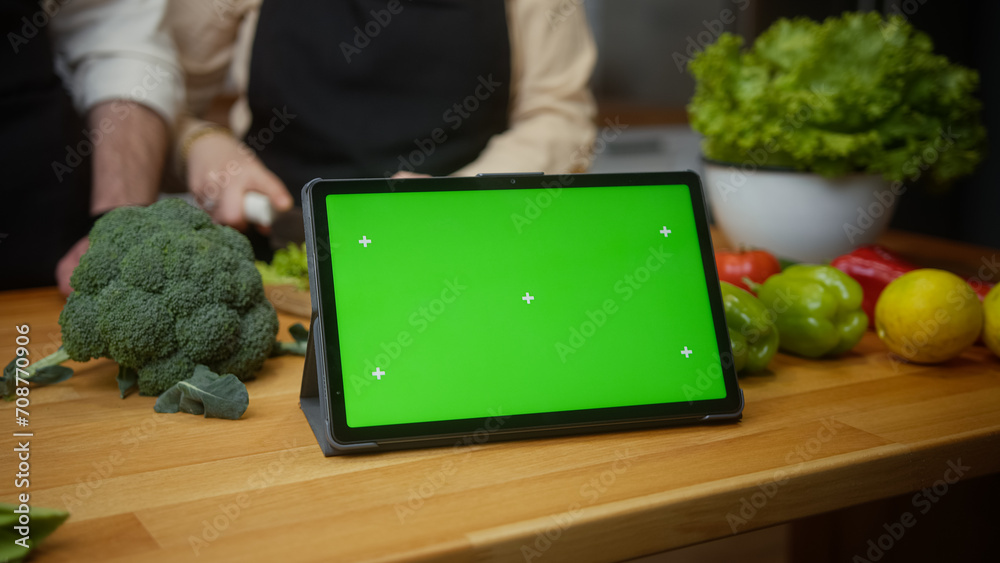 Tablet computer device with mock up green screen chroma key display on ...
