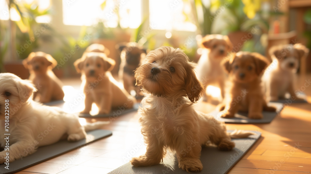 Pets fitness and wellness concept. Cutest Puppy Yoga Class: Diverse ...