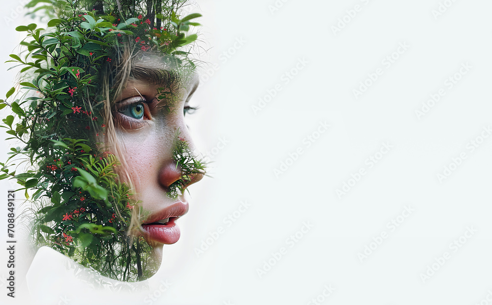 Green little flowers mixed with beautiful face. Clipping mask art on ...