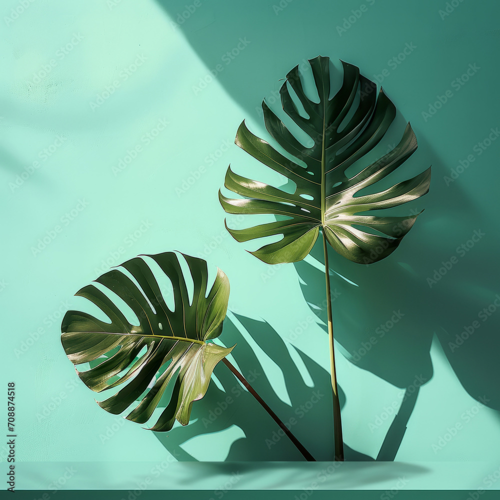 Two monstera leaves casting dramatic shadows on a mint green background ...