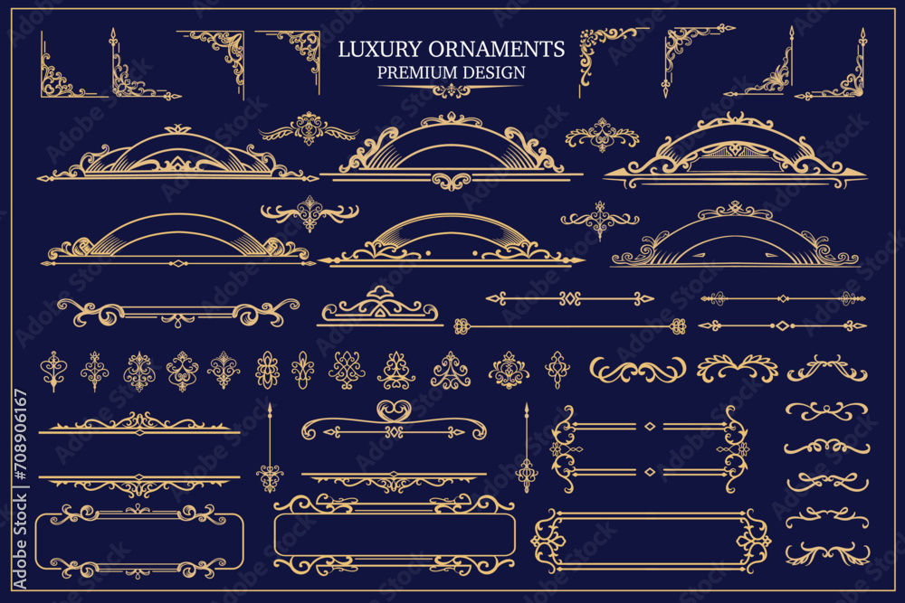 Set of gold vintage decorative elements, frames, calligraphy, borders ...