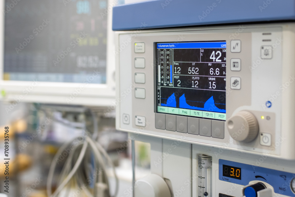 Anesthesia monitor in hospital operating room. Surgical equipment at ...