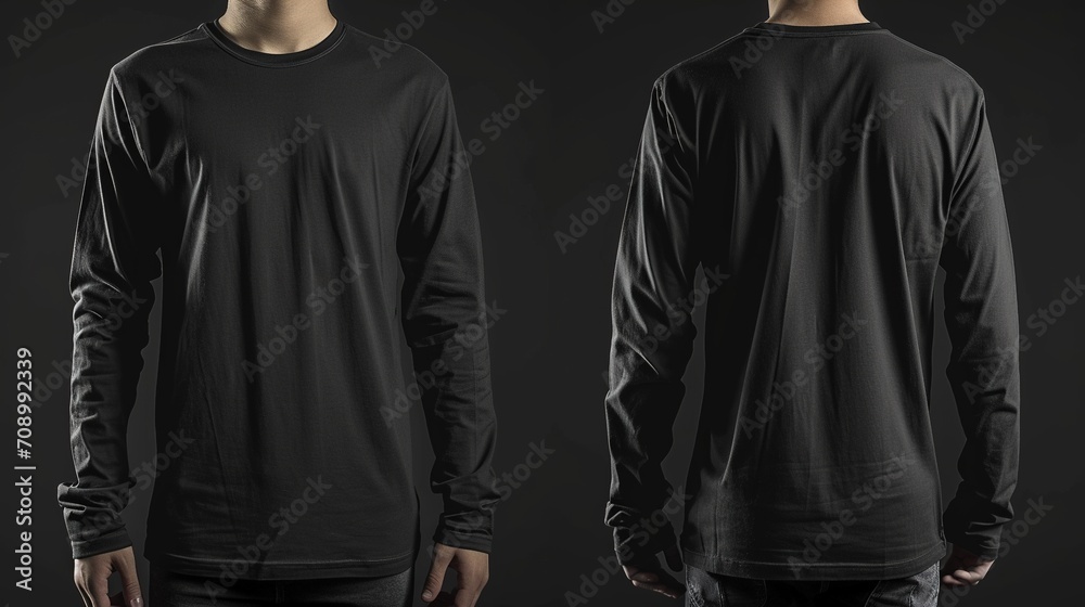 Black long sleeved t-shirt mock up, front and back view, isolated. Male model wear plain black ...