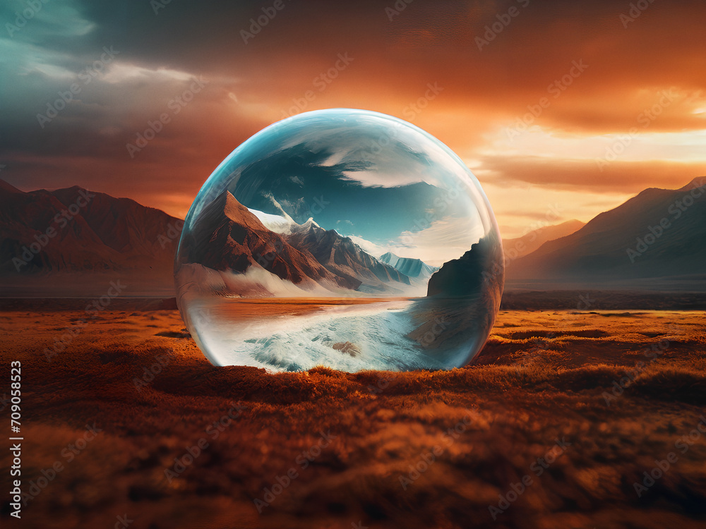 Global warning, climate change concept. Planet Earth burning in arid drought landscape. Water ...