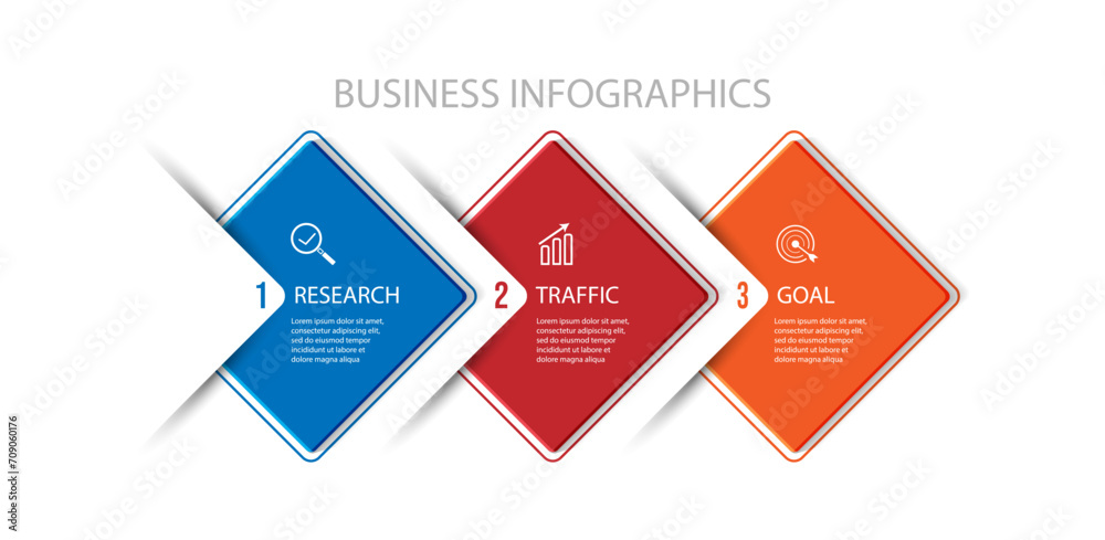 business infographic 3 parts or steps, there are icons, text, numbers ...