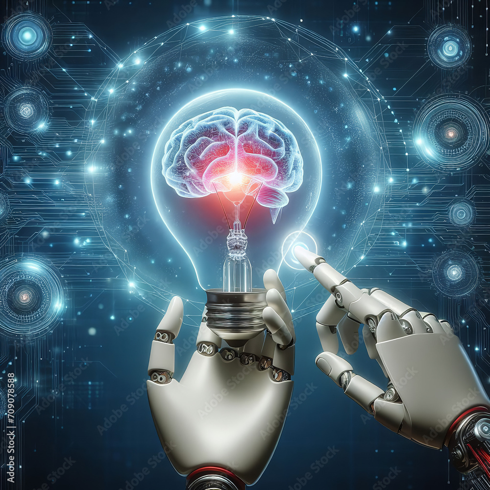 Stock-Foto „AI, Machine learning, Hands of robot and human touch on big data network, Brain data ...