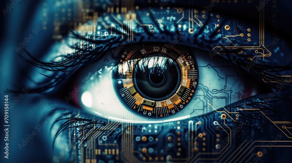 Futuristic digital eye. Cybersecurity concept. Close up of human eye ...