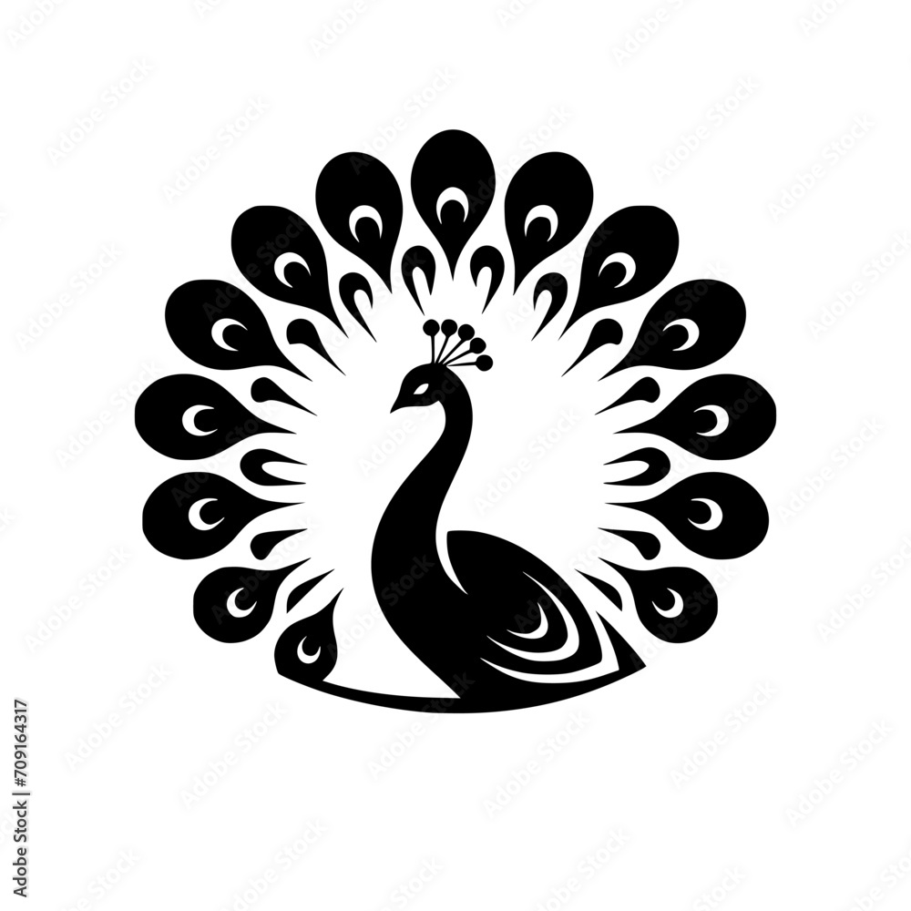 Black and white professional logo of a peacock. Silhouette illustration ...
