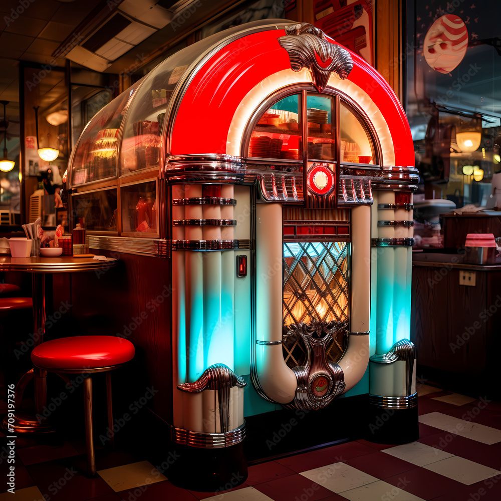 Vintage jukebox in a retro diner. Stock Illustration | Adobe Stock