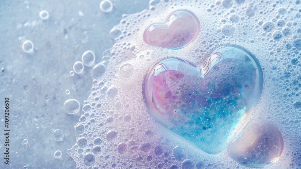 Vivid heart-shaped soap bubbles glowing in neon light reflections with ...