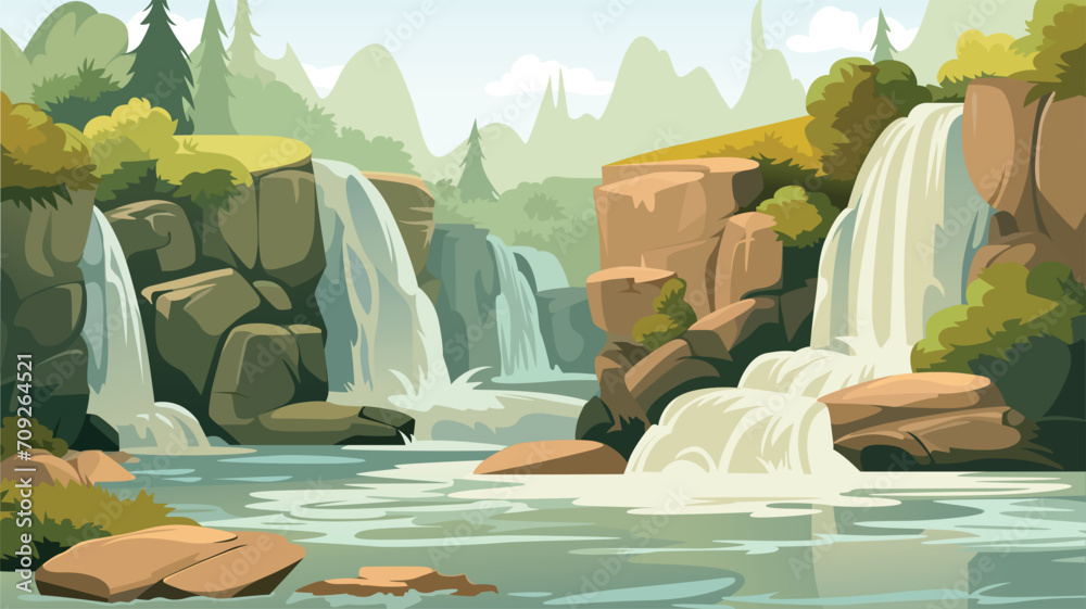 Cartoon Waterfall Landscape Background Card Poster Flat Design Nature ...