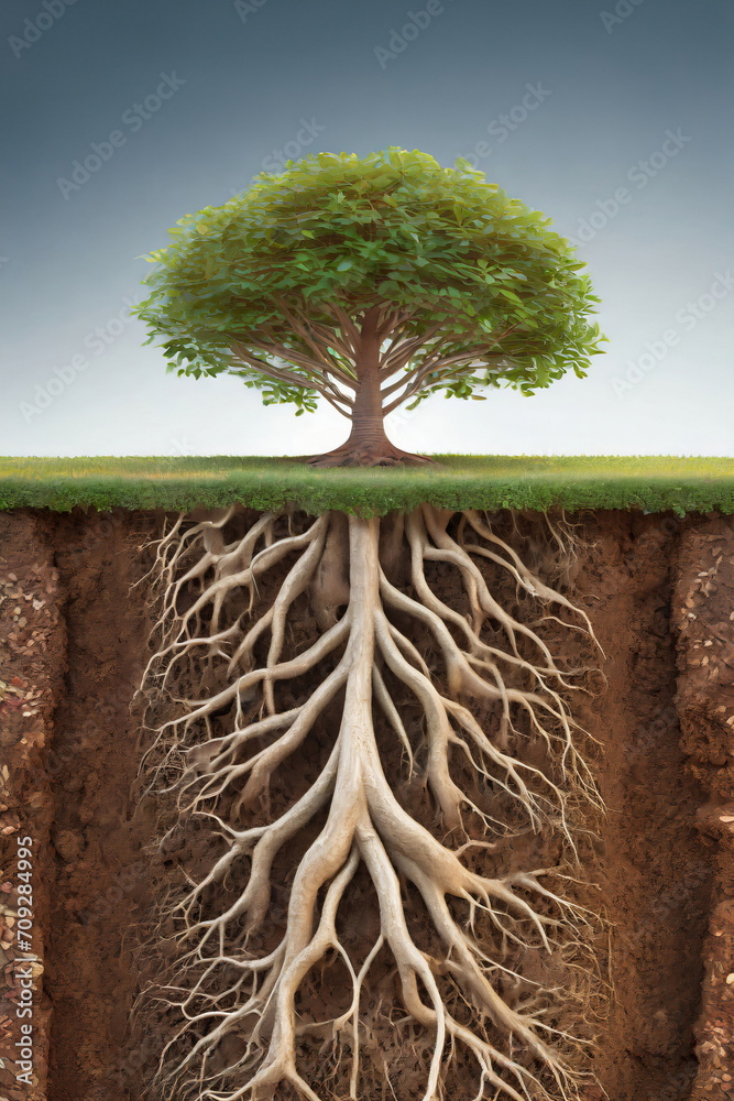 Complex root system of a tree deep underground, soil cross section view ...