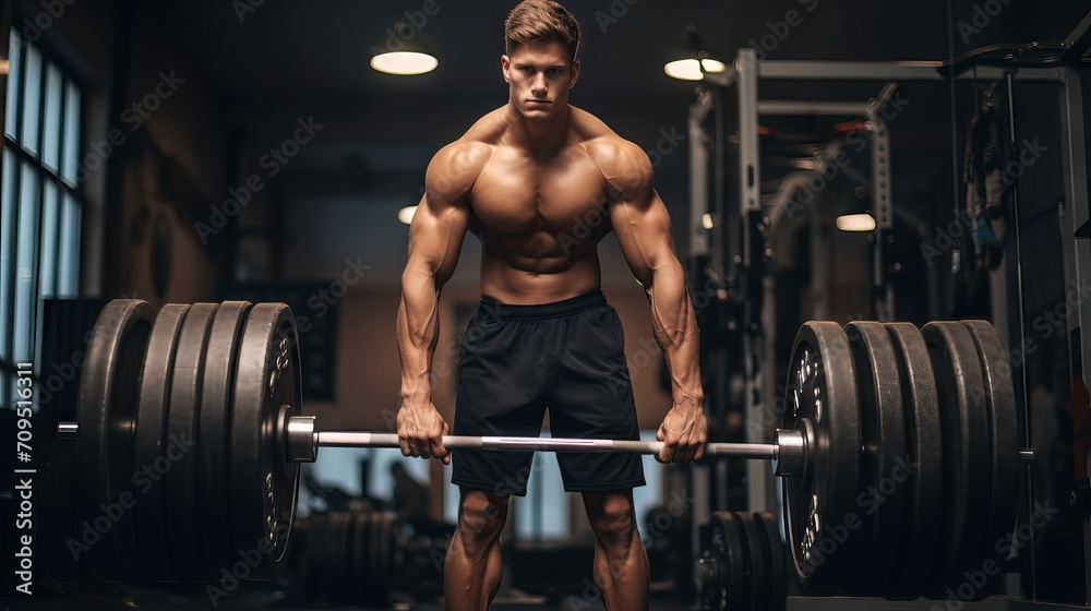 Stock-Foto „Fit and strong: young male athlete bodybuilder strikes ...