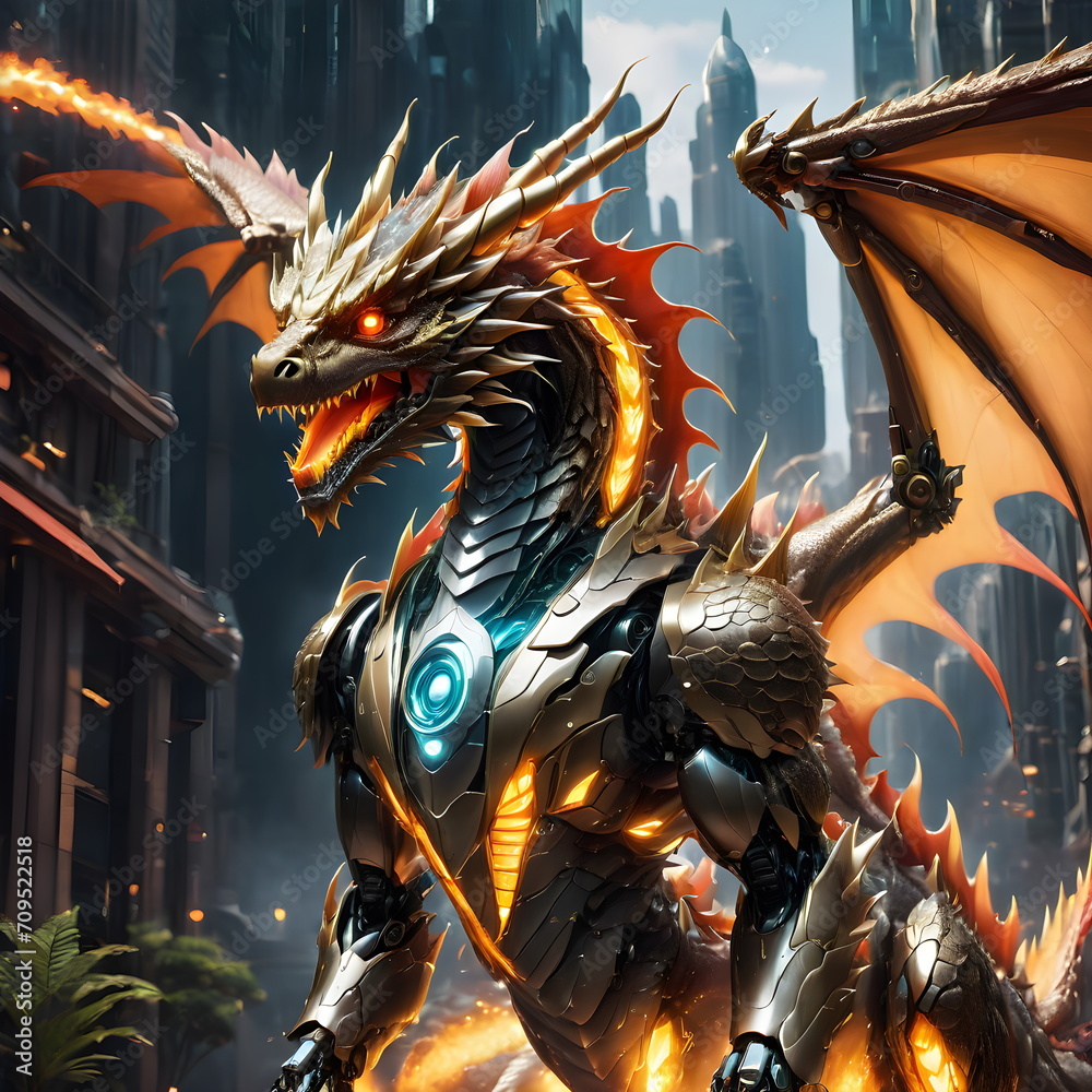 An advanced robot dragon with sleek metallic scales and Art Deco ...