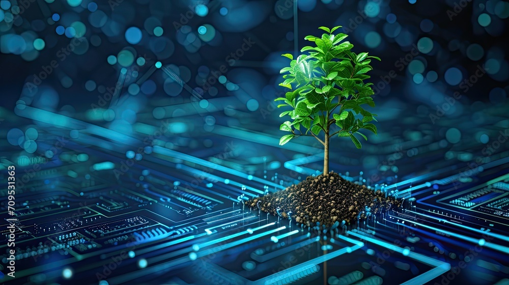 Tree with soil growing on the converging point of computer circuit ...