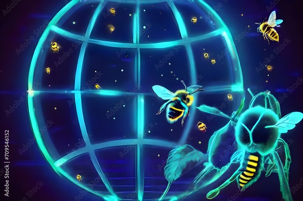 Ilustracja bez tantiem: World Bee Day May 20 Futuristic earth globe with plexus lines and flying ...
