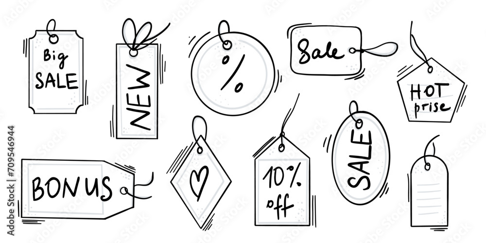 Hand drawn price tag. Shopping hanging labels. paper stickers for gifts ...