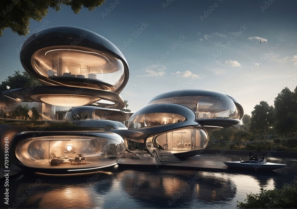 Illustration Stock Futuristic house suspended in the air within a ...