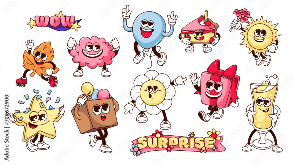Groovy birthday party characters set vector illustration. Cartoon ...