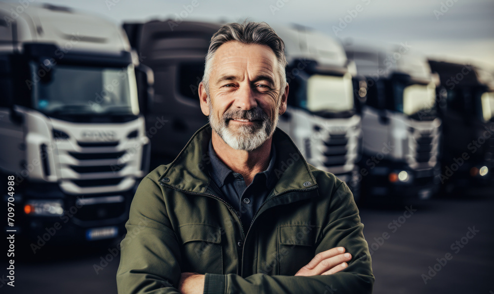 Confident Senior Truck Fleet Owner Standing Proudly in Front of His ...