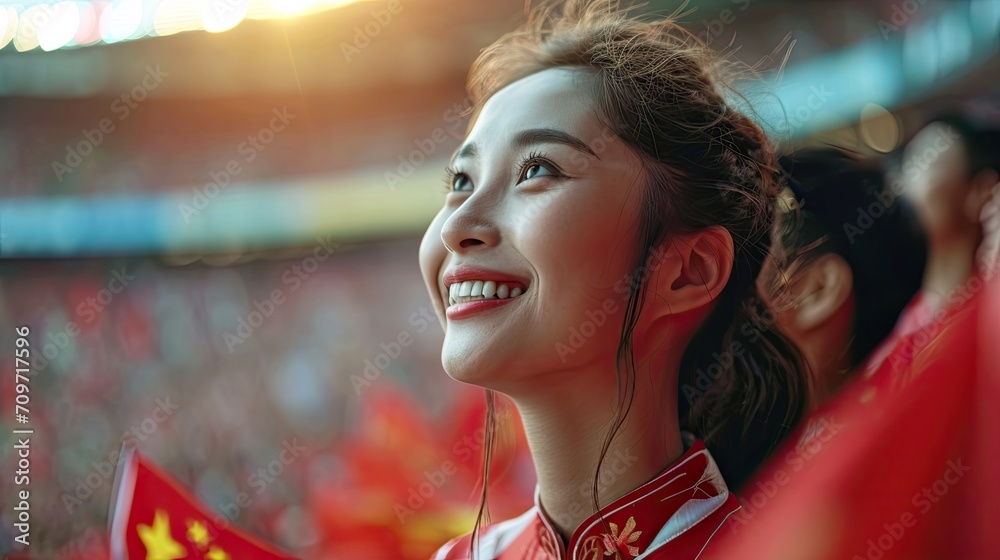 Focus on happy smiling young chinese woman standing on crowded tribune ...