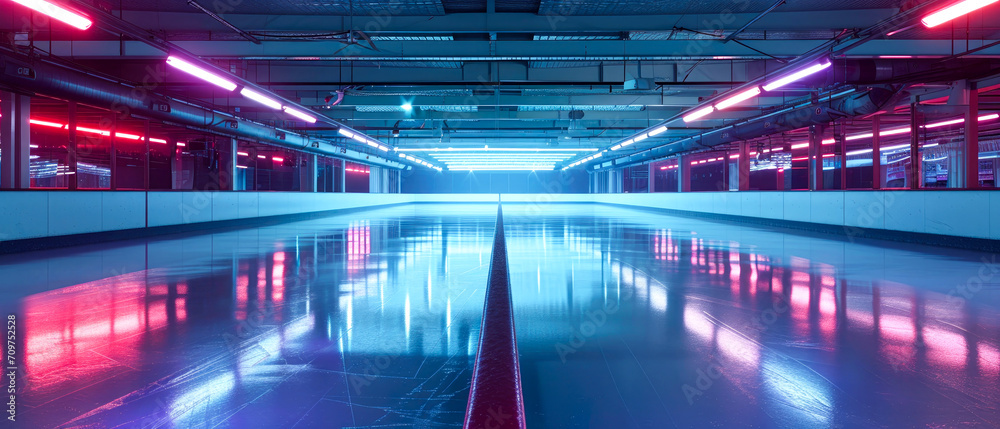 futuristic background with neon spotlights, smoke.Ice Rink.Professional ...