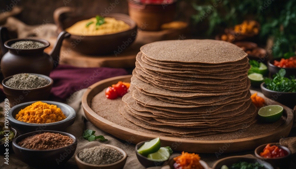 Ethiopian Injera, a large, sourdough flatbread with a unique, spongy ...