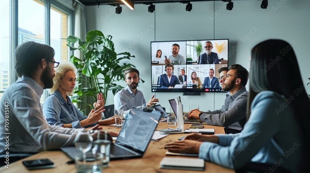 Diverse company employees having online business conference video call ...