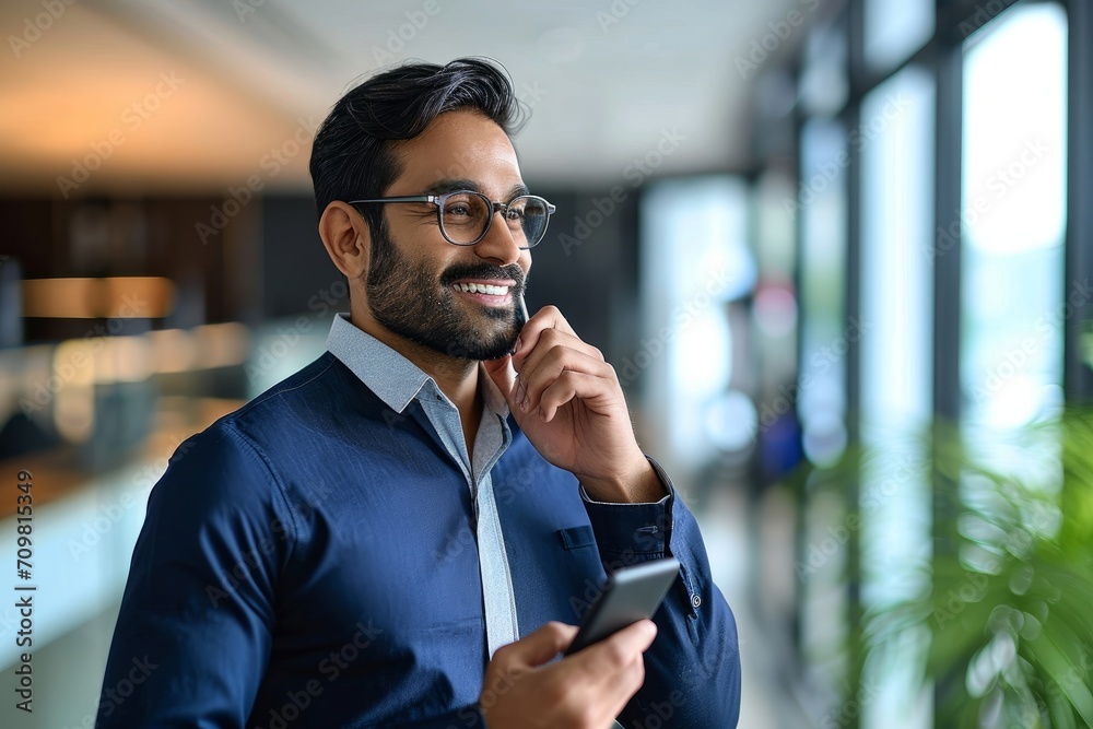 Happy Indian business man talking on mobile cell phone device looking ...